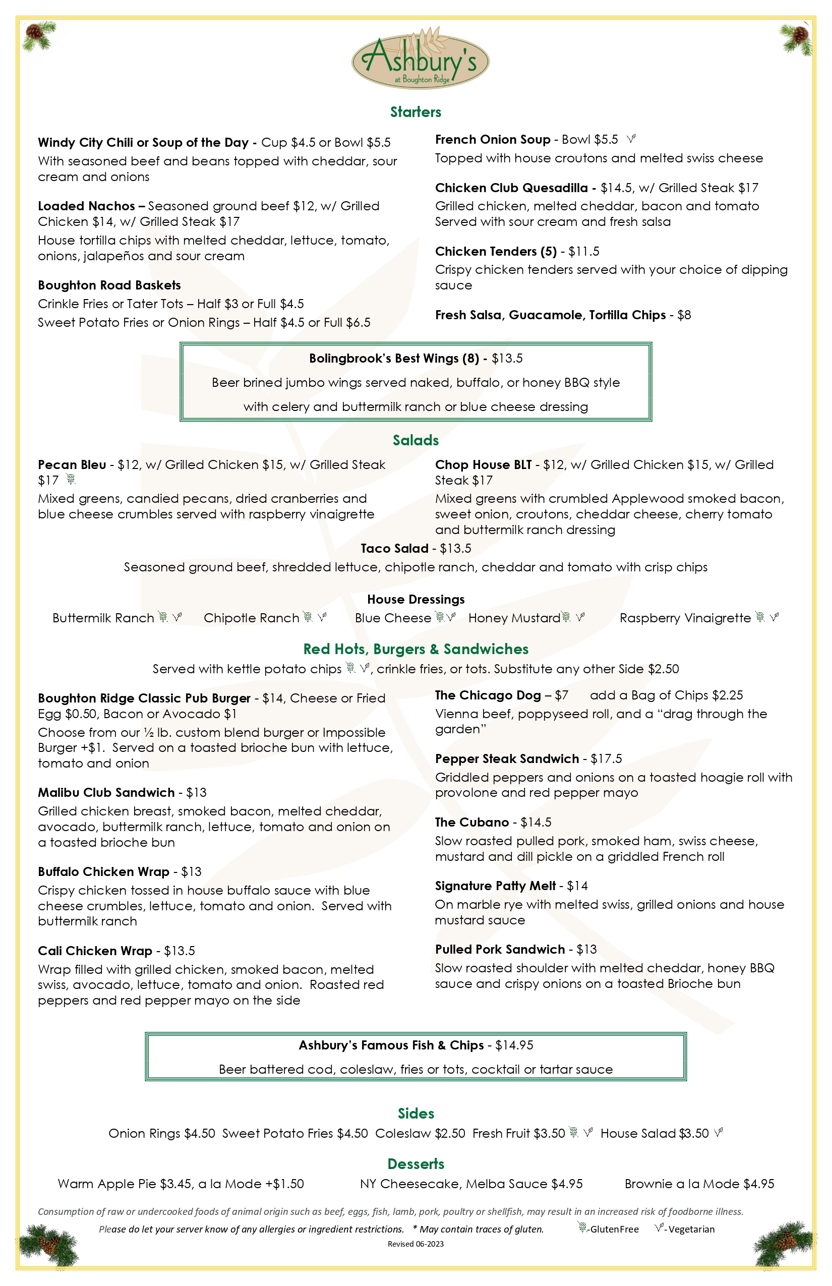 Ashbury's Menu - Boughton Ridge Golf Course